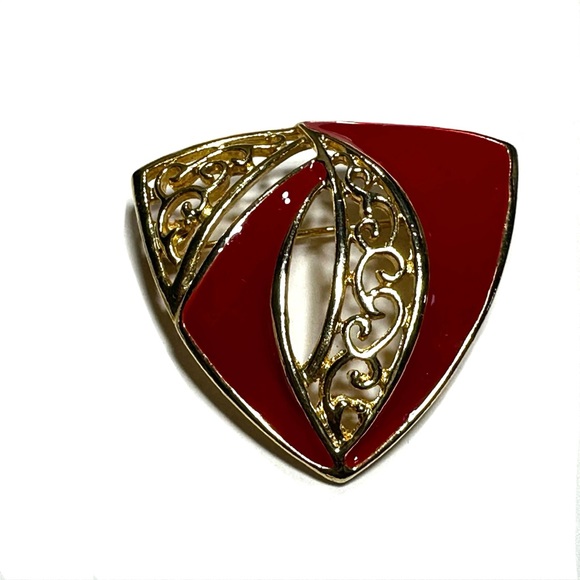 Jewelry | Vintage Retro Triangular Brooch Pin Red Enamel Gold Tone ...